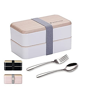 Original Bento Box Lunch Box Japanese Style 2 Layer Food Containers with Utensils Spoon and Fork Bundle Divider Salad Box for Men Women(White)