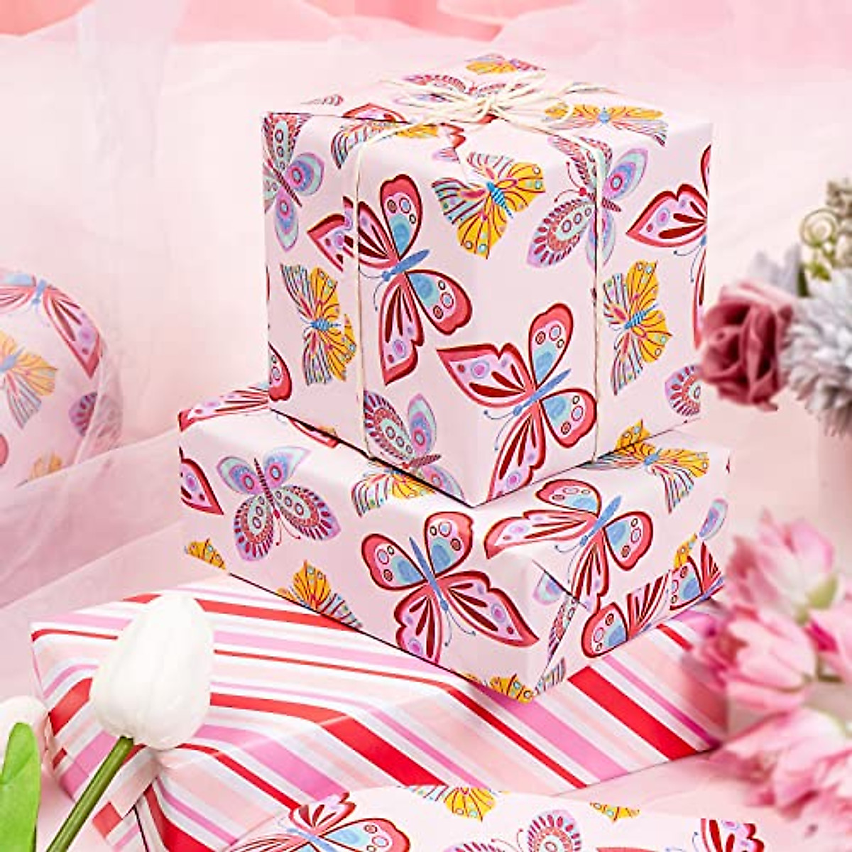 WRAPAHOLIC Reversible Wrapping Paper - Mini Roll - 17 Inch X 33 Feet - Butterfly Design, Perfect for Birthday, Party, Holiday, Wedding, Baby Shower