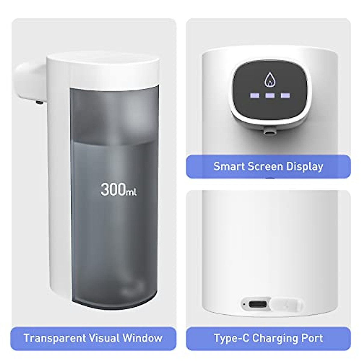 Bertreno Automatic Soap Dispenser, Foaming Soap Dispenser USB Rechargeable Touchless Hand Soap Dispenser with 3 Adjustable Soap Volume for Kitchen Bathroom 300ml