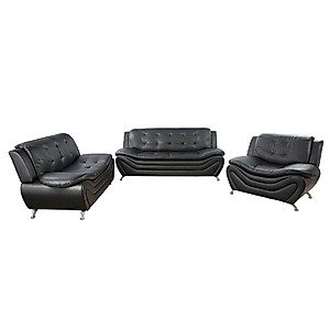 EZLUX Modern 3-Piece Faux Leather Sofa Set Living Room Furniture, with Sturdy Leg Support, Including Three-Seater Couch, Loveseat and Single Chair, Black