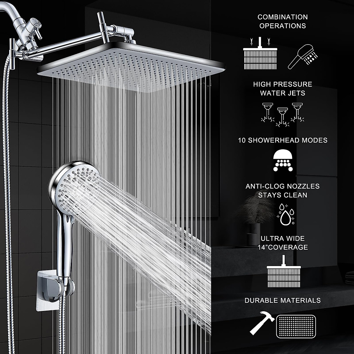 BSTKEECL 14”High Pressure Rain Shower Heads with Handheld Spray with Long Hoes Combo Rainfall Showerhead with 9Shower Water Sprayer Modes & Adjustable Extension Arm CP