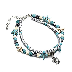 Softones Blue Starfish Turtle Anklet Multilayer Charm Beads Sea Handmade Boho Anklet Foot Jewelry for Women