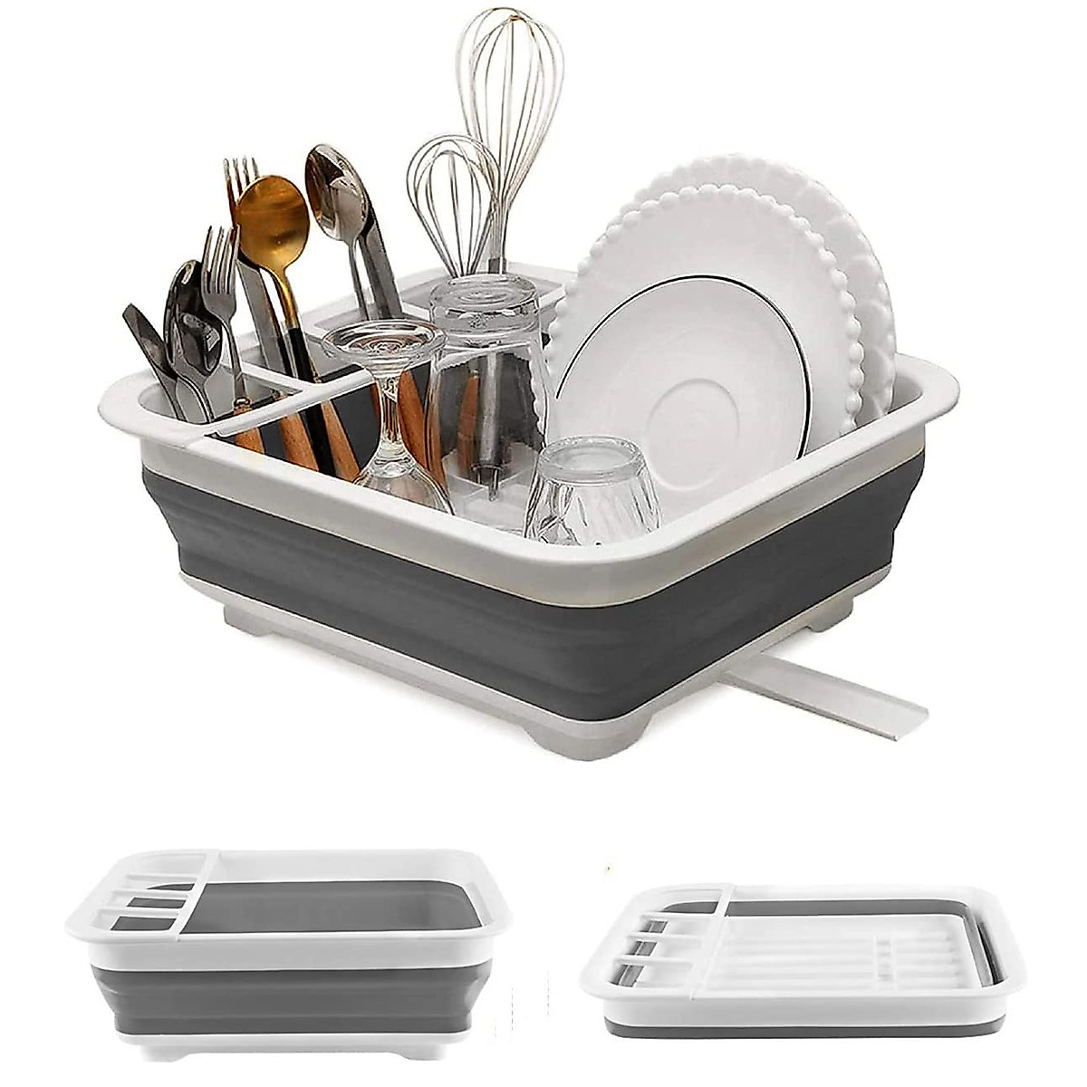 LLygezze Collapsible Dish Drying Rack, Silica Gel Drain Rack with Swivel Sprout for Kitchen Counter RV Campers Portable Dinnerware Organizer(Gray)