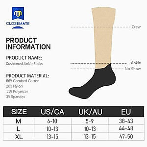 Closemate Mens Sport Ankle Socks 6 Pairs Low Cut Cotton Cushioned Tab Non-Slip Breathable Athletic Running Socks (6Black, Size L)