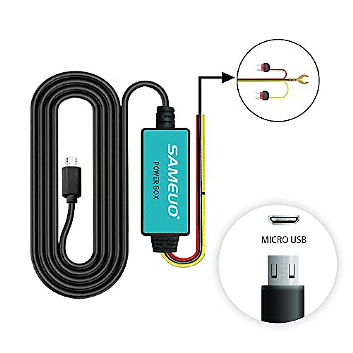 Car Dash Cam Hardwire Kit with Low Profile Micro3 Fuse Adapter Car Circuit Fuse Holder Compatible with SAMEUO U700 / U750 Car Video Recorder dash camera All Other Micro3 Fuse USB Port Device-11.5ft/3m