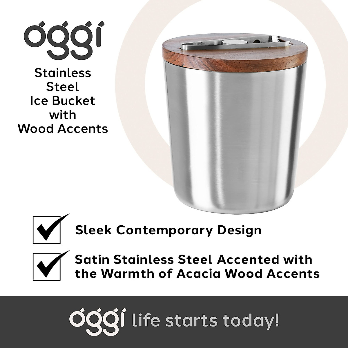 OGGI Modernist Satin Stainless Steel Ice Bucket- 2.3 Lt (2.5 Qt), Includes Acacia Wood Lid & Ice Tongs; Ideal as Bar Accessories, Champagne Bucket, Drink Chiller, Ice Bucket for Cocktail Bar