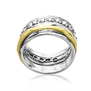 925 Sterling Silver/14K Gold Plated Silver Spinner Ring Unisex, Bold Hammered Beaded/Freshwater Pearl Floral Etched and Hammered, Oxidized, Hypoallergenic, Nickel Lead-free, Made in Israel (Size 5-11)