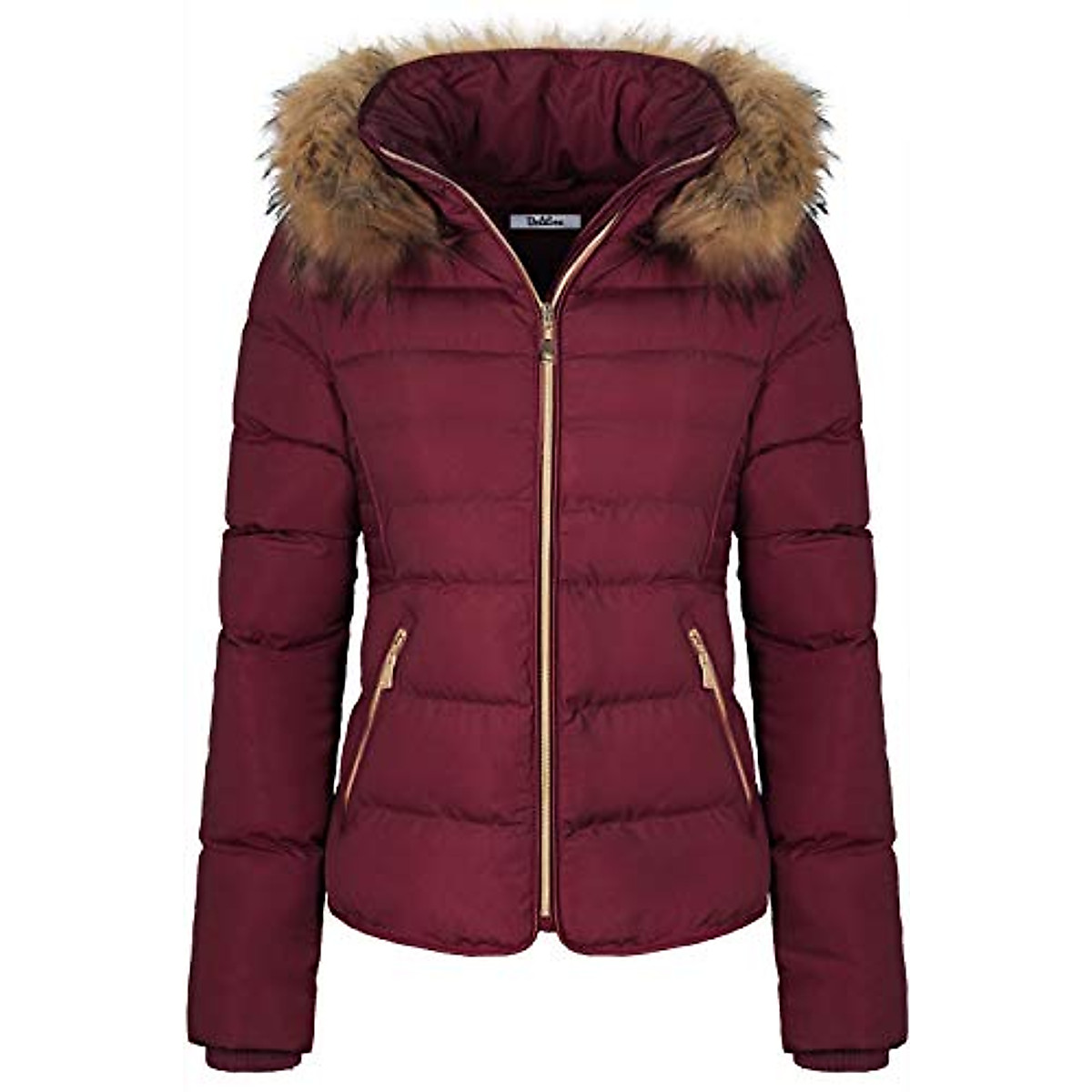 BodiLove Women's Winter Quilted Puffer Short Coat Jacket with Removable Faux Fur Hood and Zipper Burgundy L