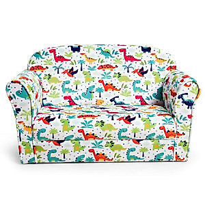 Costzon Kids Couch, Double Seat Children's Sofa w/Dinosaur Pattern, Comfortable Back, Easy to Move, Toddler Armrest Chair for Bedroom, Living Room, Soft Kids Sofa for Preschool Baby Boys Girls Gifts