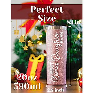 Onebttl Bonus Daughter Gift - 20oz Stainless Steel Travel Mug With Lid and Straw for Birthday, Christmas or Thanksgiving - Best Daughter Ever Glitter Rose