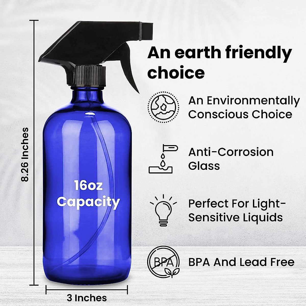 Chef's Star Glass Spray Bottles for Cleaning Solutions, Plants, and Hair, Empty Refillable Misting Spritzer with 2 Adjustable Spray Settings, 16 Oz, Pack of 2, Blue