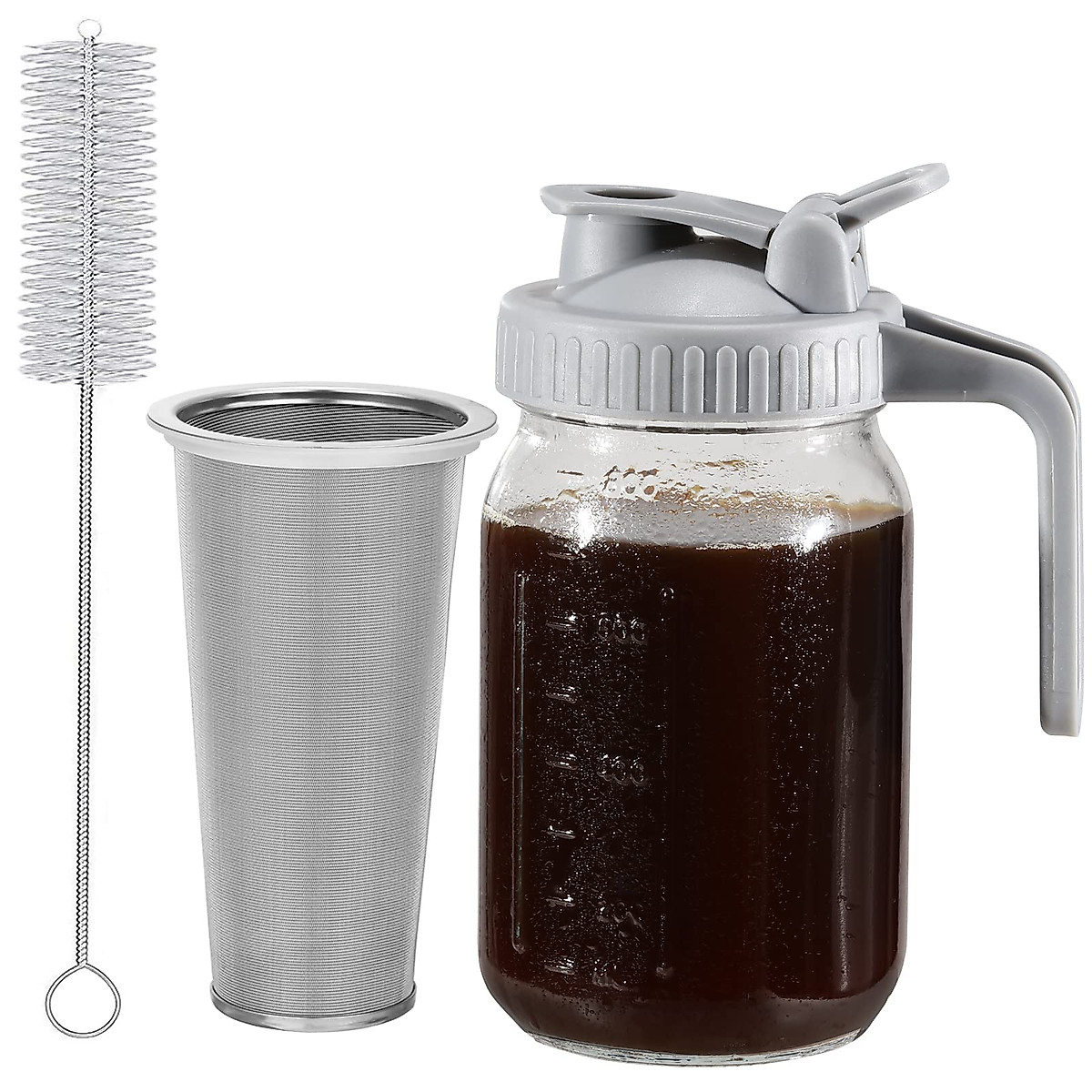 Cold Brew Coffee Maker Glass Pitcher, 32 oz Mason Jar with Pour Spout Handle Lid with Stainless Steel Filter for Iced Coffee, Lemonade, Ice Tea, Fruit Drinks