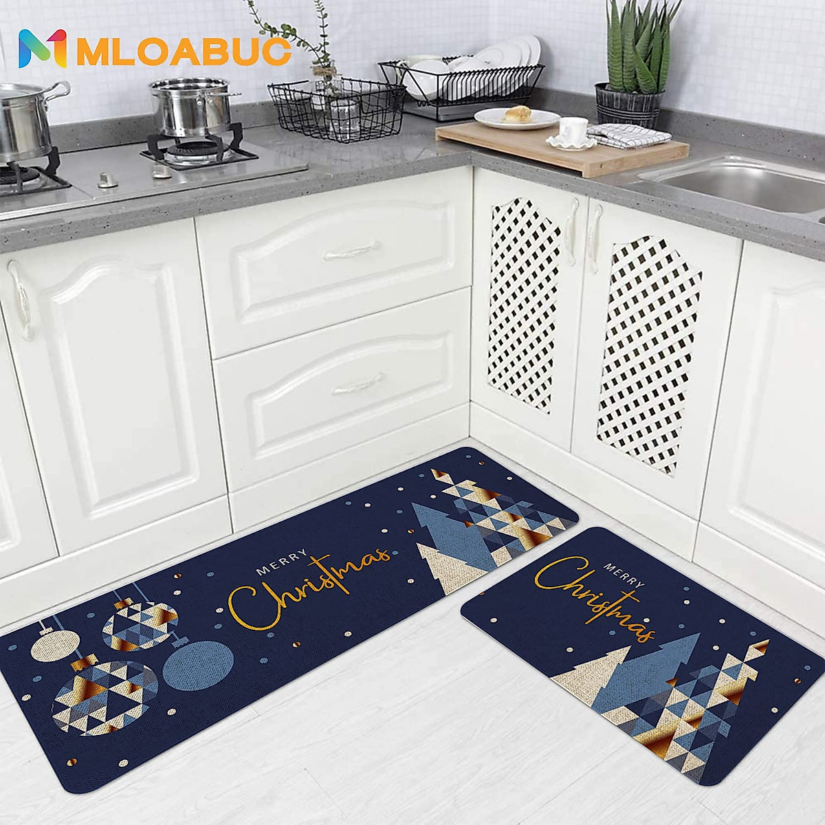 Mloabuc Merry Christmas Kitchen Mats Set of 2, Anti Fatigue Waterproof Stain Resistant Floor Rug Blue Christmas Decorative Non Slip Cushioned Floor Mat - 17x29 and 17x47 Inch