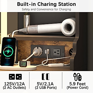 Dnxao Large Make up Vanity Desk with Mirror and Lights,3 Lights Mode and Brightness Adjusted by Touch Button, Built-in Power Strip and 6 Drawers,4 cabinets,2 cabinets with RGB Lights, Rustic Brown