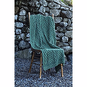 Carraig Donn Irish Cable Knit Blanket Celtic Aran Throw - 100% Merino Wool Made in Ireland - 40"x 55" (102 x 140 cm)(Kiwi/Connemara Green)