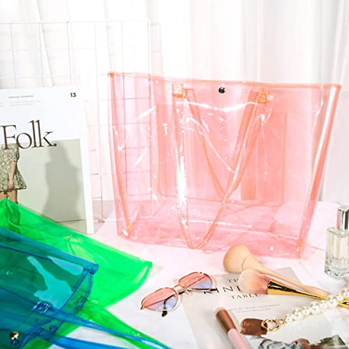 4 Pcs Clear Tote Bags Large Beach Bags for Women Plastic Waterproof Clear Bag PVC Gym Tote Bags for Women Gray Green Blue Pink Summer Pool Stadium Work