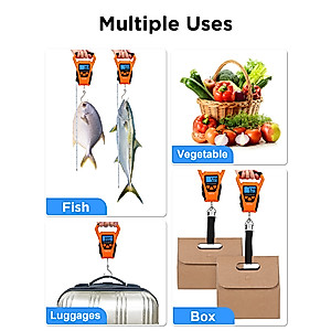HEETA Waterproof Fish Scale Digital with Backlit LCD Display, 110lb/50kg Portable Hanging Scale Fishing Scale for Home and Outdoor, Measuring Tape and 2 AAA Batteries Included (Orange)