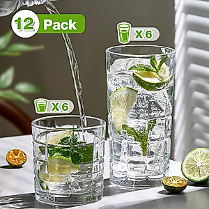 Bulk Drinking Glasses Set of 12, Clear Glass Cups, Mixed Glassware Sets, 15 OZ Large Highball Water Glasses & 11 OZ Rock Glasses, Tumbler Drinkware Kitchen for Cocktail Iced Coffee Beer Tea Whiskey