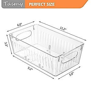 Tasmy Clear Plastic Pantry Organization and Food Storage Bin, Stackable Storage Box with Handle for Refrigerator, Kitchen, Countertops, Cupboard and Freezer Organization, BPA Free, Medium - Set of 6