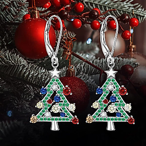 Sterling Silver Christmas Tree Earrings Leverback Dangle Drop Earrings for Women Holiday X-mas Christmas Tree Jewelry