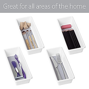 Smart Design Plastic Drawer Organizer - Set of 3-9.75 x 3.75 Inch - Non-Slip Lining and Feet - BPA Free - Utensils, Flatware, Office, Personal Care, or Makeup Storage - Kitchen - White with Gray