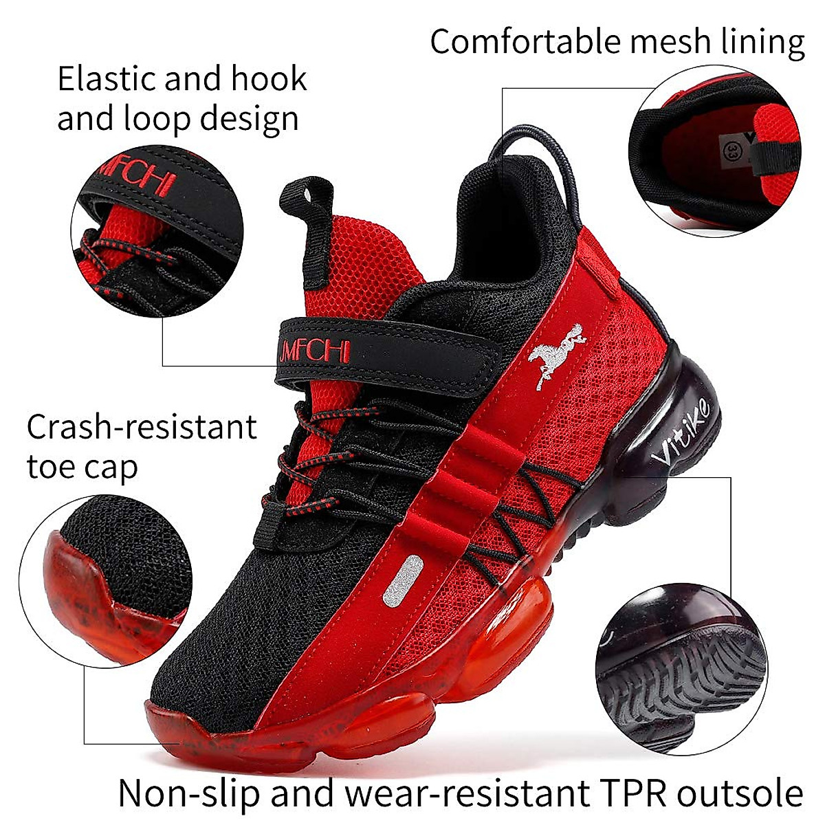 JMFCHI Boys Girls Kids' Sneakers Knitted Mesh Sports Shoes Breathable Lightweight Running Shoes for Kids Fashion Athletic Casual Shoes Black/Red Size 5