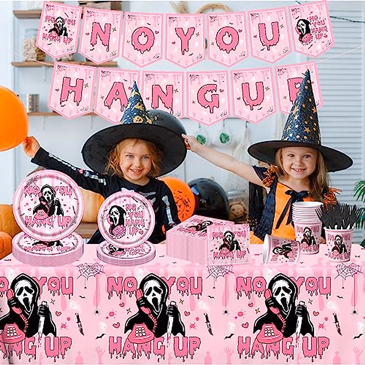 Halloween Scream Birthday Decorations-142pcs No You Hang Up Tableware,Pink Scream Halloween Party Plates Napkins Cups Tablecloth Banner for Girl Halloween Birthday Party Horror Decor