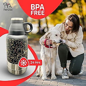 PET2GO Dog Travel Water Bottle 32 oz. with Treat Holder & Detachable Bowls | Insulated, Portable Stainless Steel Water Dispenser for Pets | Dog Walking Accessory | Outdoor Dog Beach Gear (Gold)