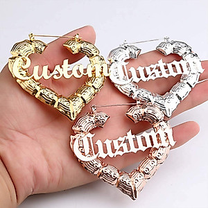 DHQH Custom Name Earrings Personalized Bamboo Hoop Earrings 18K Gold Plated Heart Customize Earrings for Women Hip-Hop Fashion Jewelry Gift