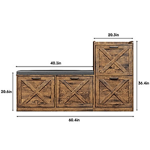 Vabches Shoe Storage Bench with 4 Flip Drawers & Padded Seat Cushion, Farmhouse Shoe Storage for Entryway, Narrow Hallway Shoe Bench, Rustic Brown