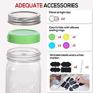 AOZITA 12 Pcs Wide Mouth Mason Jars 32 Oz, Large Canning Jars with Lids and Bands, Colored Plastic Jar Lids, Blank Labels and Chalk Marker, Leak-Proof Airtight Lids for Food Storage, Canning, Favors