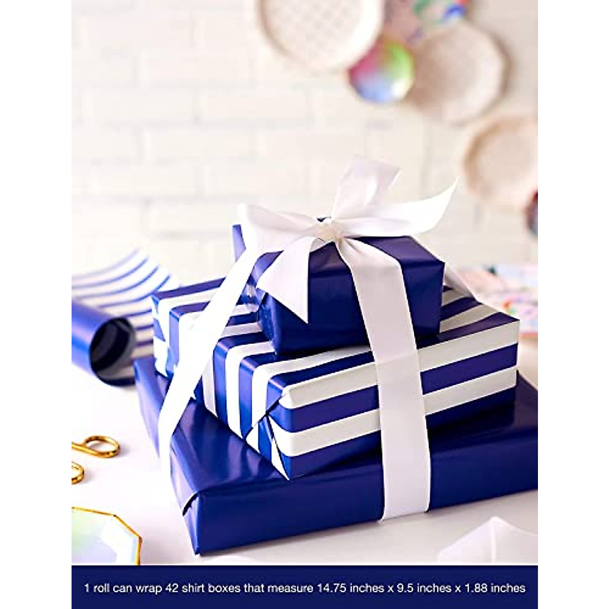 American Greetings Reversible Wrapping Paper Jumbo Roll for Birthdays, Mother's Day, Father's Day, Graduation and All Occasions, Navy and Stripes (1 Roll, 175 sq. ft.)