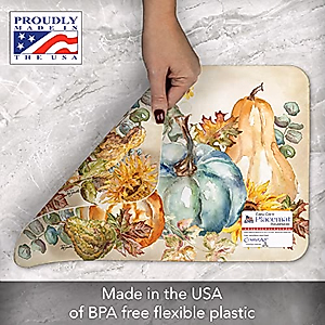 CounterArt Harvest Pumpkins & Sunflowers 4 Pack Reversible Easy Care Flexible Plastic Placemats Made in The USA BPA Free PVC Free Easily Wipes Clean