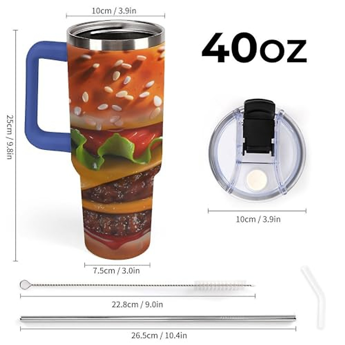 Cheeseburger Fast Food Pattern 40 Oz Tumbler Insulated Stainless Steel Water Bottle Travel Mug Car Cup with Handle And Straw