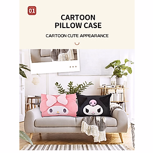 Cartoon Cute Pillowcase Anime Double Sided Plush Pillowcase Girl Bedroom Decoration Cute Cotton Pillowcase + Cute Cartoon Hairpin (Black+Pink)