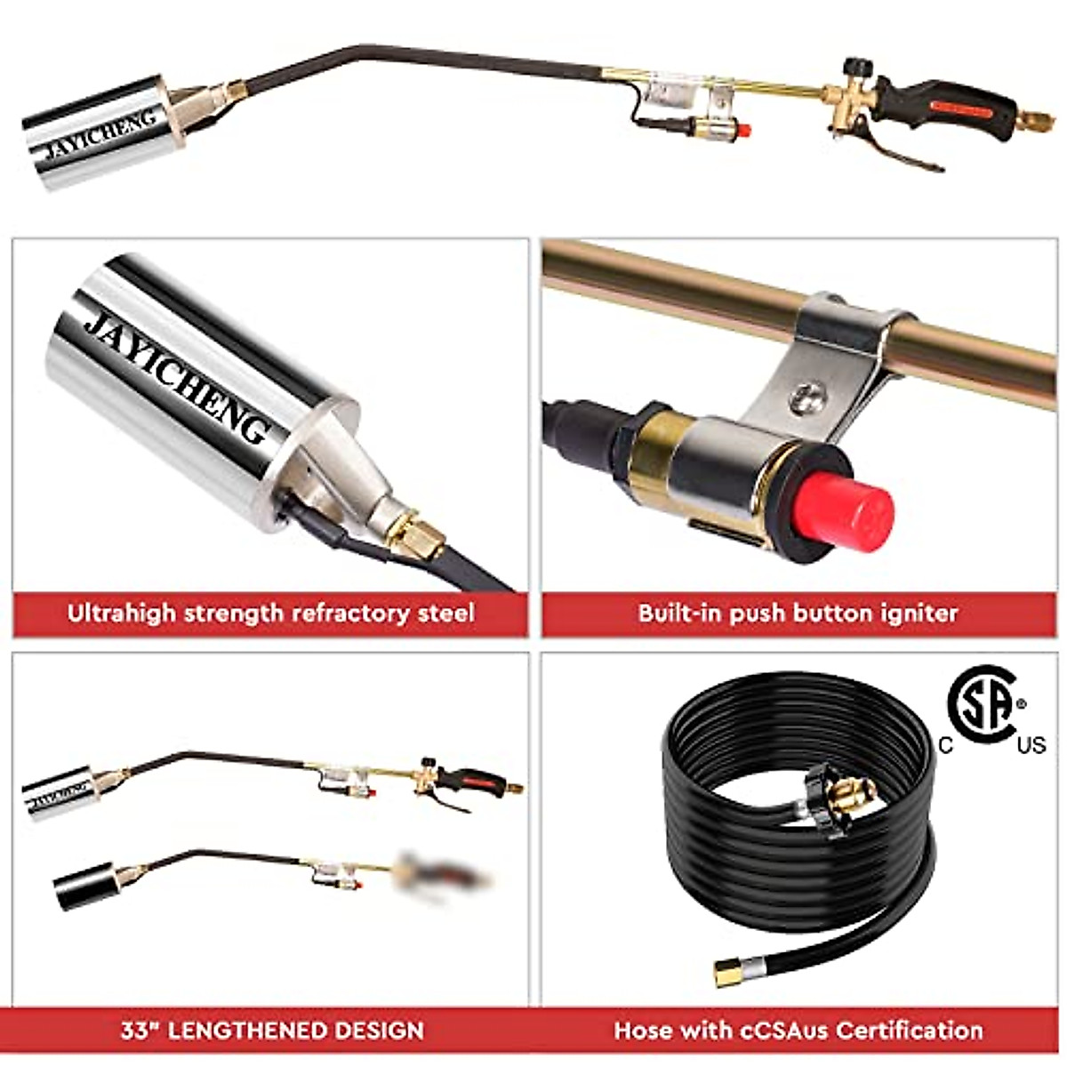 Propane Torch Weed Burner Kit,Weed Torch 800,000 BTU Blow Torch with 1lb Propane Cylinder Converter,9.8 FT Hose Heavy Duty Flamethrower with Turbo Trigger for Flame Weeding,Roofing, Melting Ice Snow
