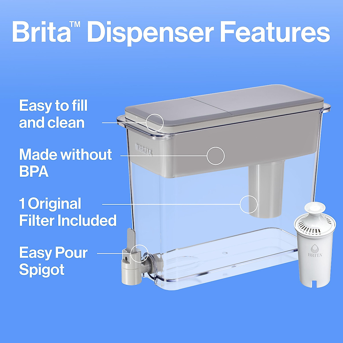 Brita XL Water Filter Dispenser for Tap and Drinking Water with 1 Standard Filter, Lasts 2 Months, 27-Cup Capacity, BPA Free, Grey