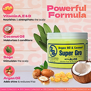 Bronner Bros Argan Oil & Coconut Super Gro - Hair Gel for Dry Itchy Scalp Treatment, Moisturizer, Reduces Dryness & Split-Ends - Made with Vitamin A, E, D, Sage, Argan Oil & Coconut Oil - 6 oz