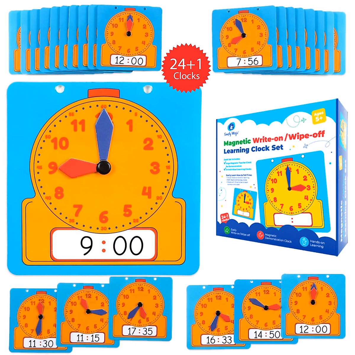 Simply magic 24+1 Learning Clock for Kids - Classroom Clock Set, Magnetic Demonstration Clock, Teaching Clock, Learning Clocks for Kids to Tell Time, Interactive Clock for Kids, Clock Manipulatives