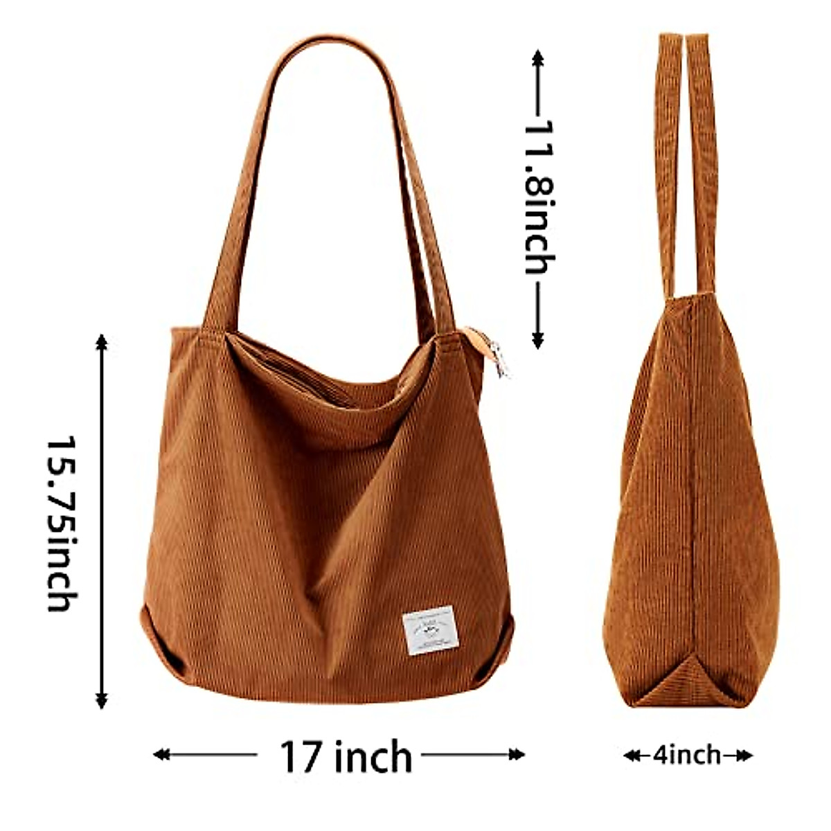 KALIDI Women Corduroy Tote Bag Large Shoulder Bag with Zipper Pockets Big Capacity Casual Handbags Shopping Bag for Girls, Brown