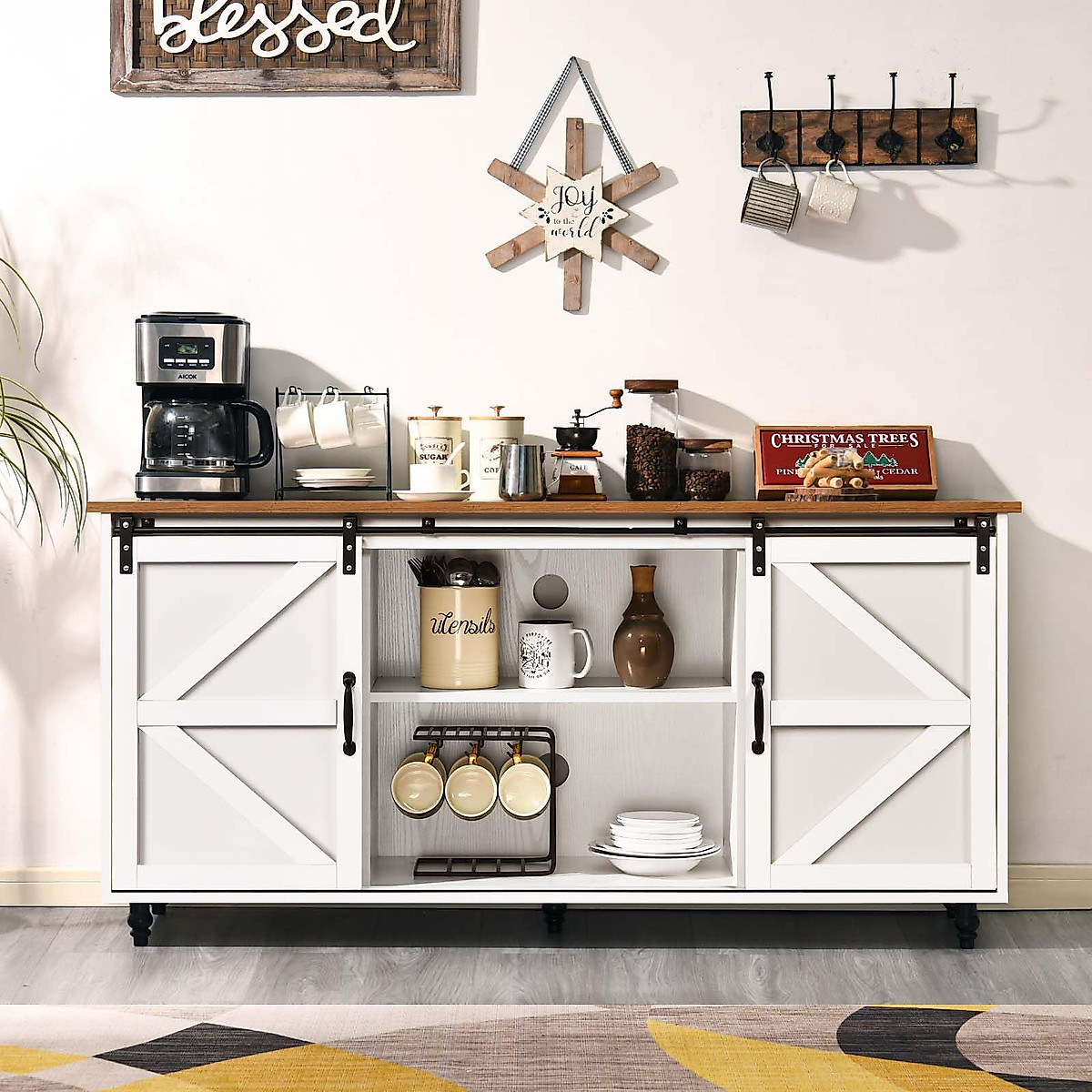 Farmhouse Coffee Bar Cabinet, 58”Kitchen Coffee Bar Cabinet with Storage, White Coffee Bar with Sliding Barn Door for Dinning Room, Living Room