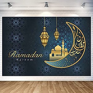 Ramadan Decoration Ramadan Kareem Backdrop Eid Mubarak Photo Background Ramadan Banner Poster for Ramadan Decorations Ramadan Kareem Supplies 70.8 x 47.2 Inch (Dark Blue)