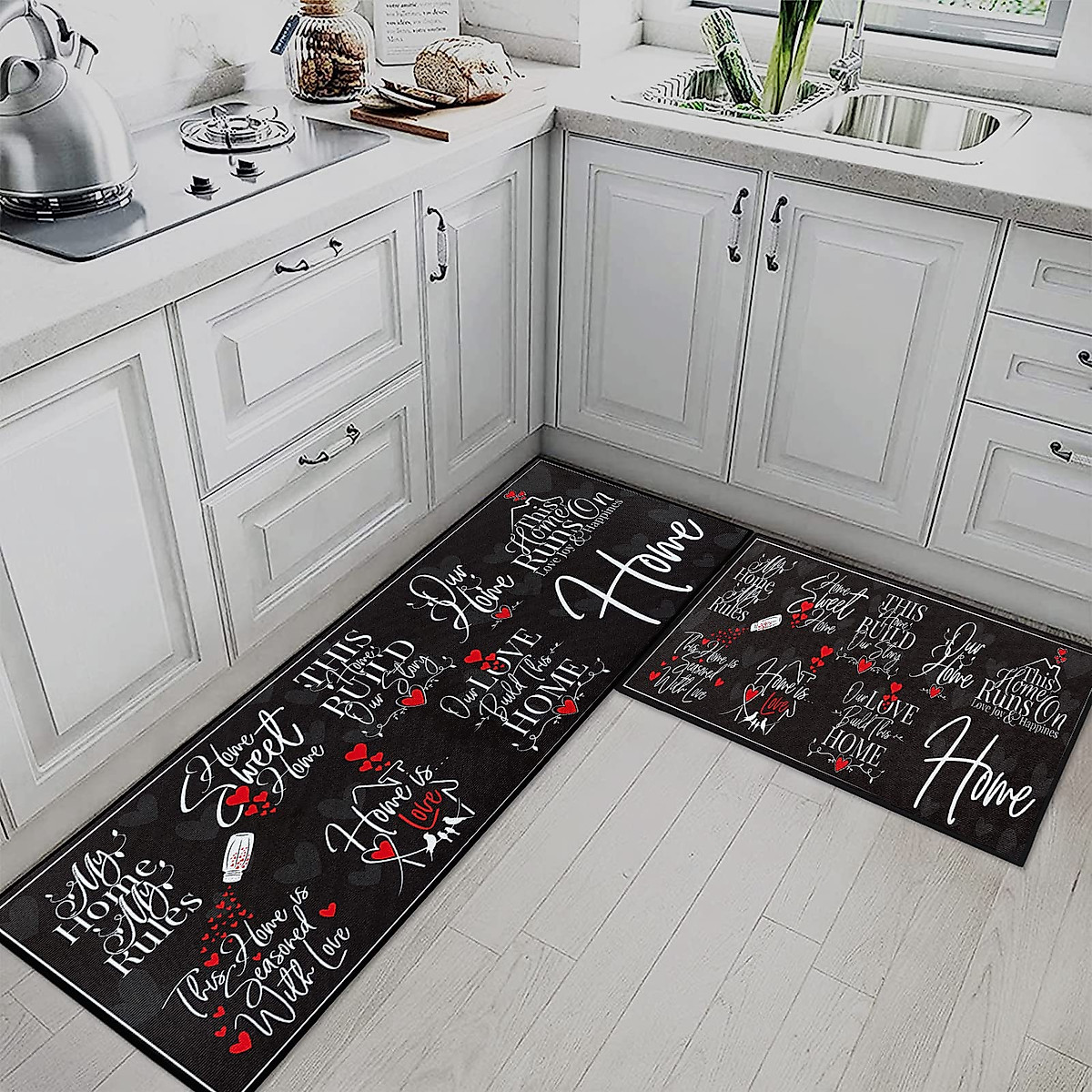 Tayney Black Kitchen Rugs and Mats Non Skid Washable Set of 2, Red Love Heart My Sweet Home Kitchen Runner Rug, Modern Phrase Doodle Under Sink Mats for Kitchen Floor Decor