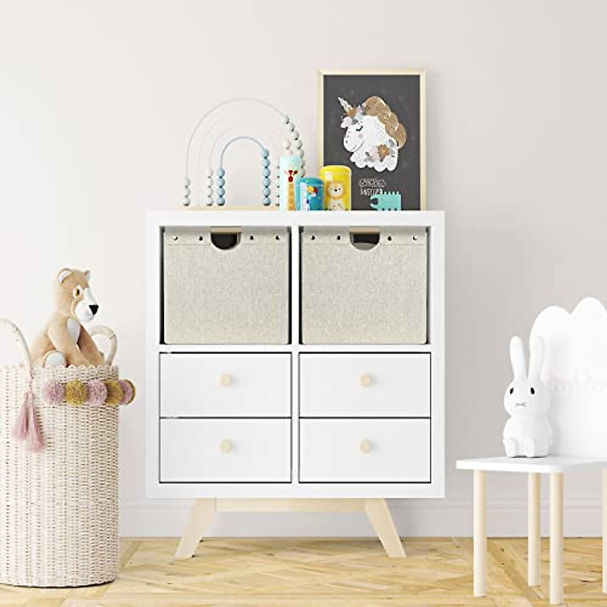 Posprica 13x13in Collapsible Storage Bins, 4 Pack Fabric Foldable Cube Storage Bins with Wooden Carry Handles, Decorative Storage Baskets for Bathroom Organizer, Shelves, Closet, Nursery, Toy -Beige