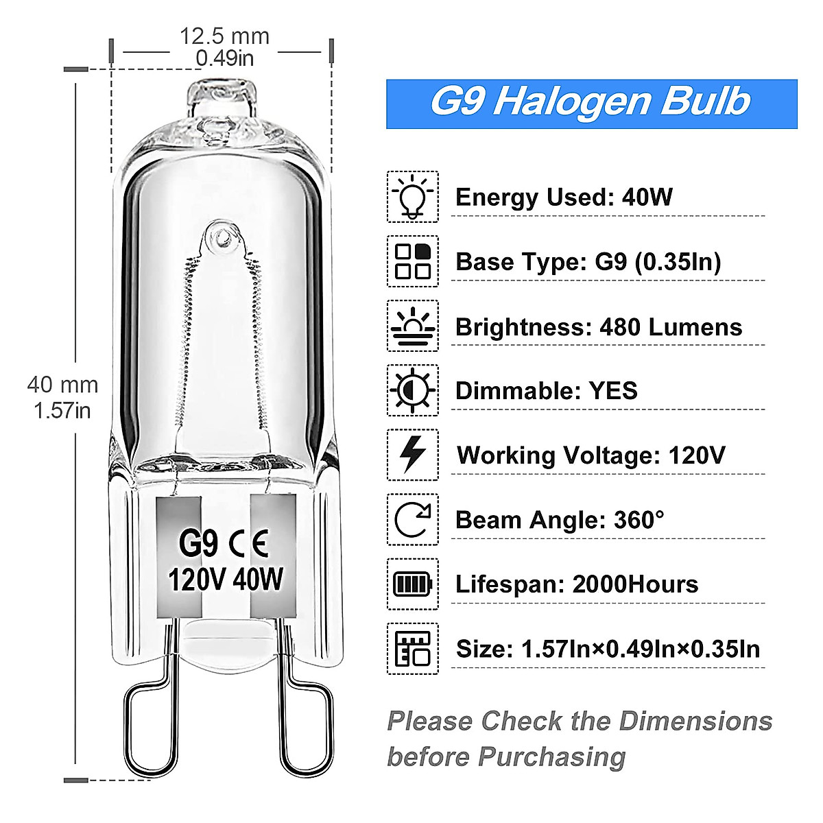 WeshLMPO G9 Halogen Light Bulbs 2 pin 120V 40W, Dimmable Long Lasting T4 JCD Type, G9 Bulb for Chandeliers, Microwave Oven, Range Hood Lights Warm White 12 Pack