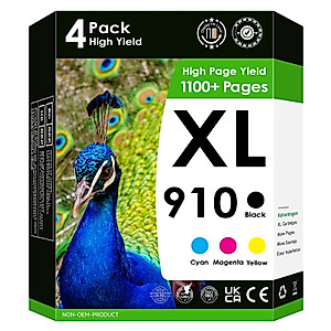 HP 910XL 4 Pack Compatible Ink Cartridge Replacement for High Yield Cartridges. Works for HP OfficeJet Pro 8028 8035 8022 8024 8025 Printers