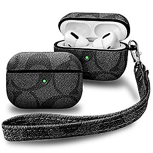 MOLOVA Case for Airpods Pro,Luxury Stylish PU Ultra Slim & Thin Soft TPU Anti-Slip Scratch Resistant Drop Proof Full Cover Case with Keychain/Lanyard//Ear Hook/Watch Band Holder/Anti-Lost Strap,Black