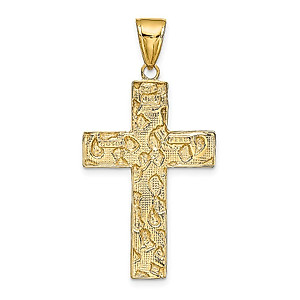 Solid 14k Yellow Gold and Textured Nugget Block Style Cross Pendant Charm