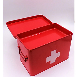 Funly mee Vintage First aid Box for Home, Medicine Tin, Red Metal Medicine Storage Box (Large 12.6× 8.3×7.7 inches)