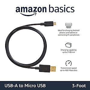 Amazon Basics 2-Pack USB-A to Micro USB Charging Cable, 480Mbps Transfer Speed with Gold-Plated Plugs, USB 2.0, 3 Foot, Black